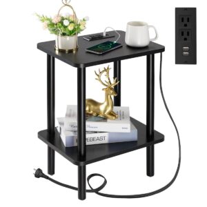 foraofur end table with charging station, black side table with usb ports and outlets, small side table narrow side table for living room, bedroom and office, small nightstand with charging station