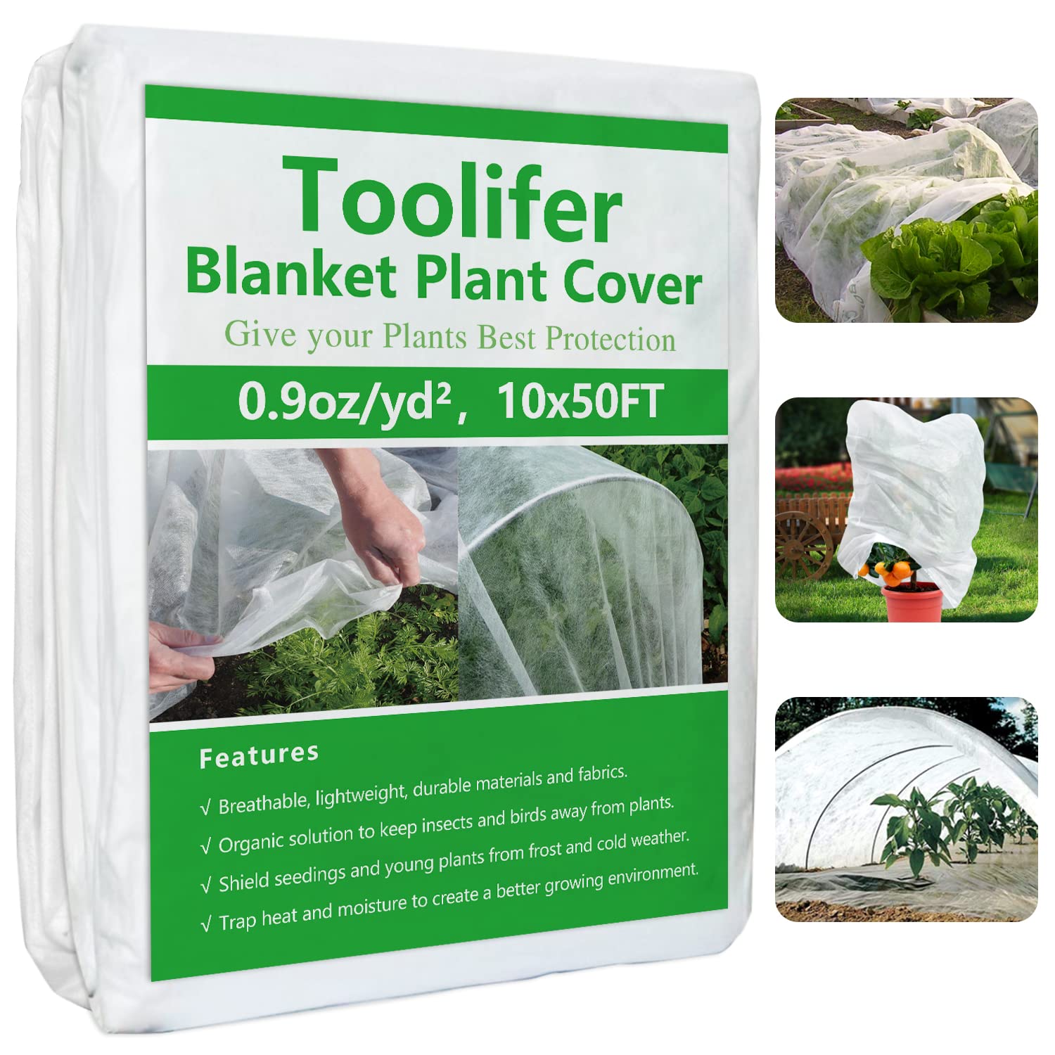 Toolifer Plant Covers Freeze Protection, 10x50FT Rectangular Plant Blanket for Winter, Reusable Floating Row Fabric Cover Frost Cloth for Snow Sleet Wind Pest Protection(No Frame or Hoops Include)