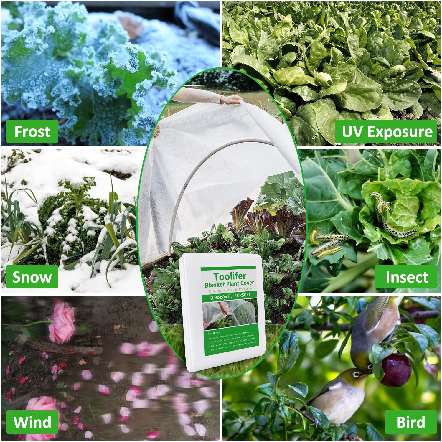 Toolifer Plant Covers Freeze Protection, 10x50FT Rectangular Plant Blanket for Winter, Reusable Floating Row Fabric Cover Frost Cloth for Snow Sleet Wind Pest Protection(No Frame or Hoops Include)