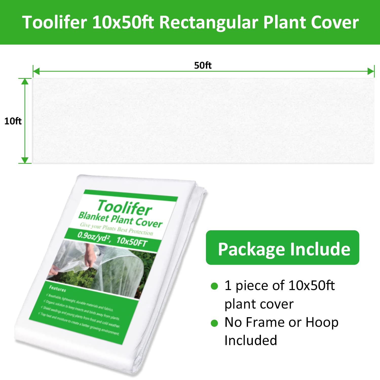 Toolifer Plant Covers Freeze Protection, 10x50FT Rectangular Plant Blanket for Winter, Reusable Floating Row Fabric Cover Frost Cloth for Snow Sleet Wind Pest Protection(No Frame or Hoops Include)