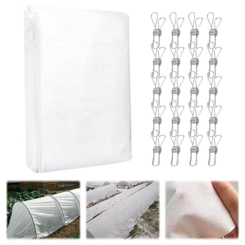 10 X 30FT Plant Covers Freeze Protection, White Nonwoven Fabric Frost Blankets for Outdoor Plants with 20Pcs Stainless Steel Clips, Plant Covers for Winter Greenhouse Frost Sun Shade Protection