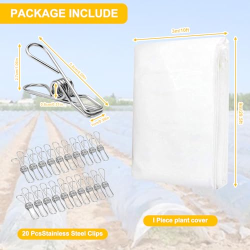 10 X 30FT Plant Covers Freeze Protection, White Nonwoven Fabric Frost Blankets for Outdoor Plants with 20Pcs Stainless Steel Clips, Plant Covers for Winter Greenhouse Frost Sun Shade Protection