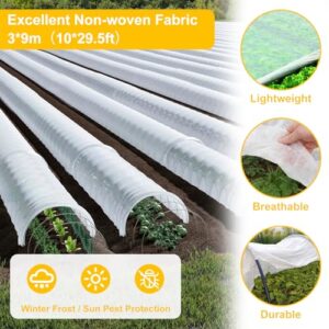 10 X 30FT Plant Covers Freeze Protection, White Nonwoven Fabric Frost Blankets for Outdoor Plants with 20Pcs Stainless Steel Clips, Plant Covers for Winter Greenhouse Frost Sun Shade Protection