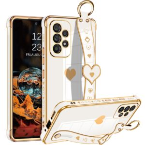 firstpella case for samsung galaxy a52 women girl,luxury bling cute plating hearts soft cover with strap kickstand,full camera lens protection electroplate reinforced corner shockproof case - white