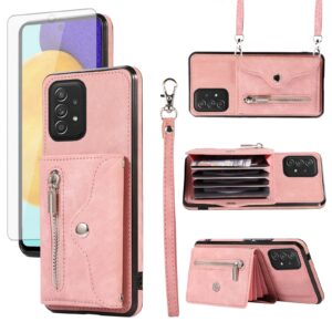 phone case for samsung galaxy a52/a52s 5g wallet cover with tempered glass screen protector wrist crossbody strap lanyard credit card holder stand leather cell a 52 s 4g g5 52a s52 52s men rose gold