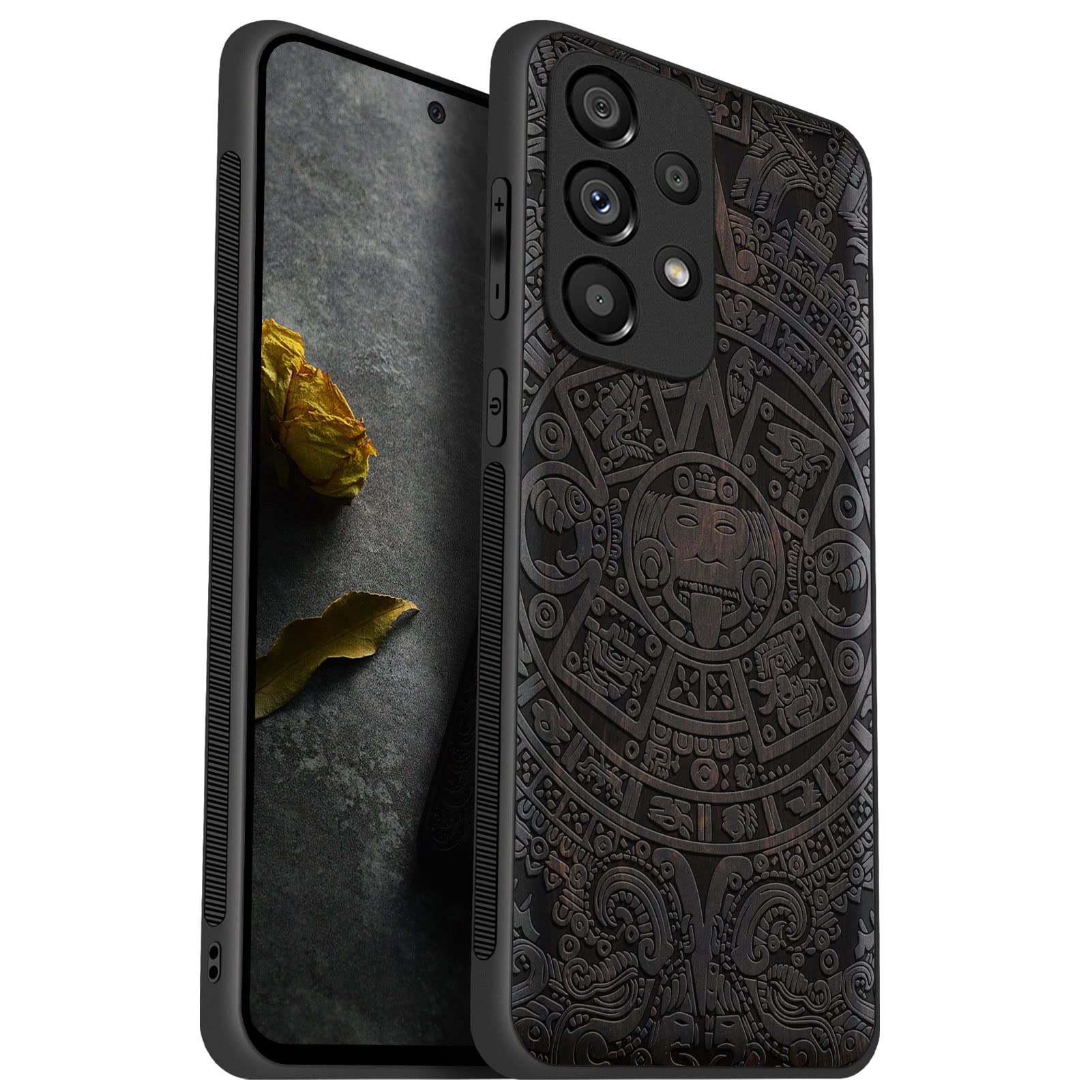 Carveit Wood Case for Samsung Galaxy A52 5G & 4G Case [Natural Wood & Black Soft TPU] Shockproof Protective Cover Unique Wooden Case Compatible with Galaxy A52s 5G Case (Mayan Symbols-Blackwood)