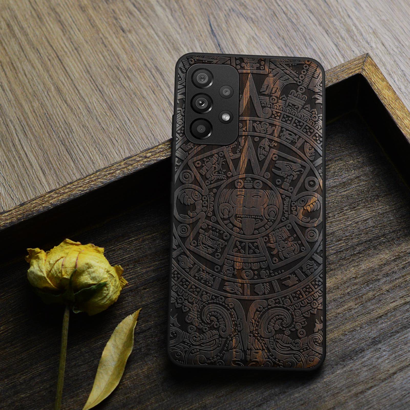 Carveit Wood Case for Samsung Galaxy A52 5G & 4G Case [Natural Wood & Black Soft TPU] Shockproof Protective Cover Unique Wooden Case Compatible with Galaxy A52s 5G Case (Mayan Symbols-Blackwood)