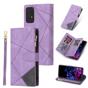 ueebai wallet case for samsung galaxy a53 5g, retro 9 card holder slots zipper pocket handbag case pu leather magnetic closure kickstand with wrist strap tpu shockproof flip case - diamond purple