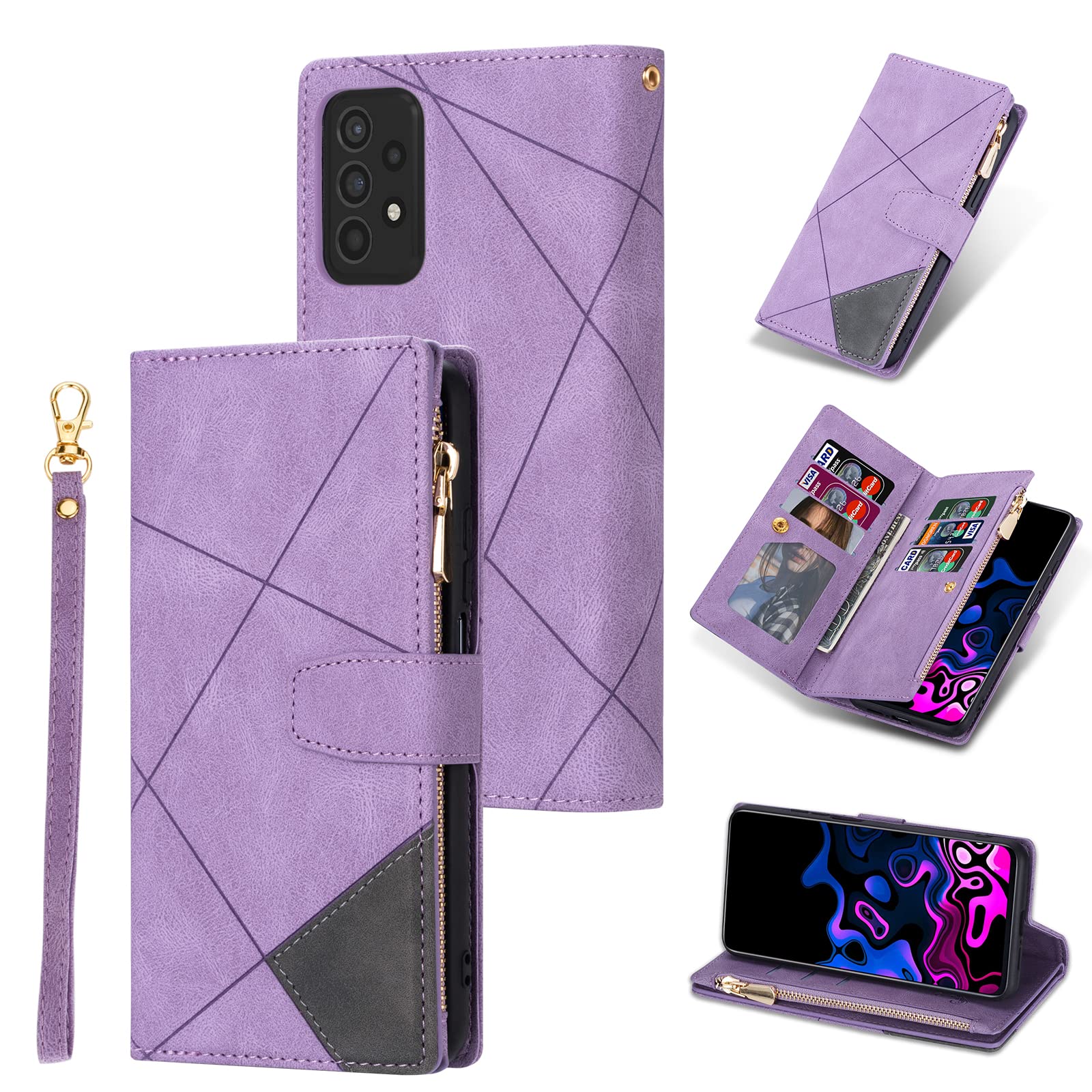 UEEBAI Wallet Case for Samsung Galaxy A53 5G, Retro 9 Card Holder Slots Zipper Pocket Handbag Case PU Leather Magnetic Closure Kickstand with Wrist Strap TPU Shockproof Flip Case - Diamond Purple