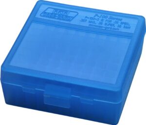 mtm 100 round flip-top ammo box 38/357 cal (clear blue)