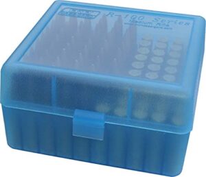 mtm 100 round flip-top rifle ammo box 22-25, 308 w, blue,3.05-inch