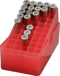 mtm e50-38-29 slip-top ammo box 50 round square hole 38-357, usa made, clear red