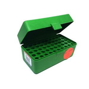 mtm 50 round flip-top rifle ammo box .22-250 to 7.62 x 39, green