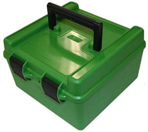 mtm r-100-10 deluxe ammo box 100 round | fits 22-250 243 270 308 win 30-06 | includes adjustable inner trays | made of polypropylene | usa made | green