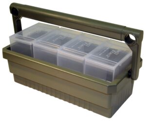 mtm ssc shotshell box caddy with 4 shell stackers, strong comfortable handle, usa made, army green caddy, clear boxes