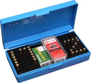 mtm sb-200-20 200 round small bore ammo box .22 long rifle, usa made, blue