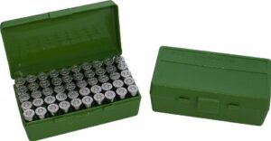 mtm 50 round flip-top ammo box 25/32 auto cal (green)