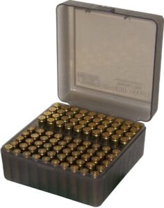 mtm 100 round flip-top rifle ammo box, medium, clear smoke