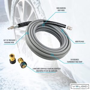 MTM Hydro Kobrajet High Pressure Washer Hose Kit 3/8” 4000 PSI 50’ for Car Wash and Detailing with M22 Couplings and Quick Connects, Pressure Washer Accessories, Non-Marking Gray