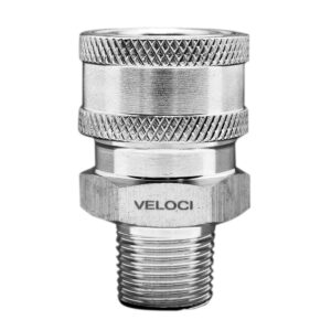 veloci performance stainless steel 3/8" mpt coupler for use with pressure washer guns, wands, hose, lances and foam cannons