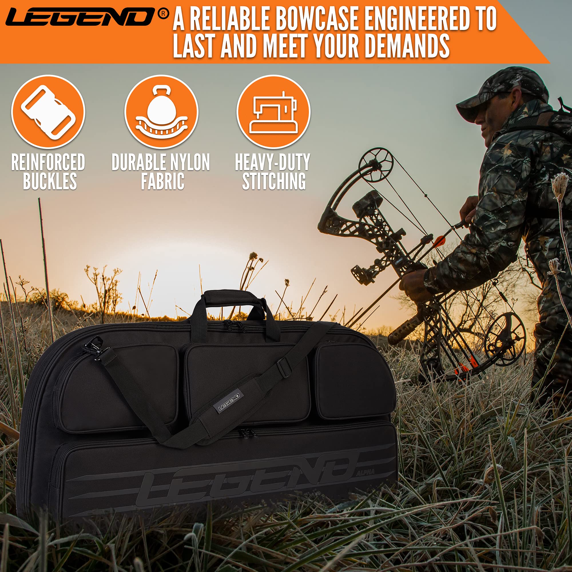 Legend Alpha Compound Bow Case - Fits MTM Ultra Compact Arrow Cases - Archery Bow Bag with Back & Shoulder Straps - With Cam Protectors, Soft Padding, & Extra Pockets 37"x16.5" Interior - Black