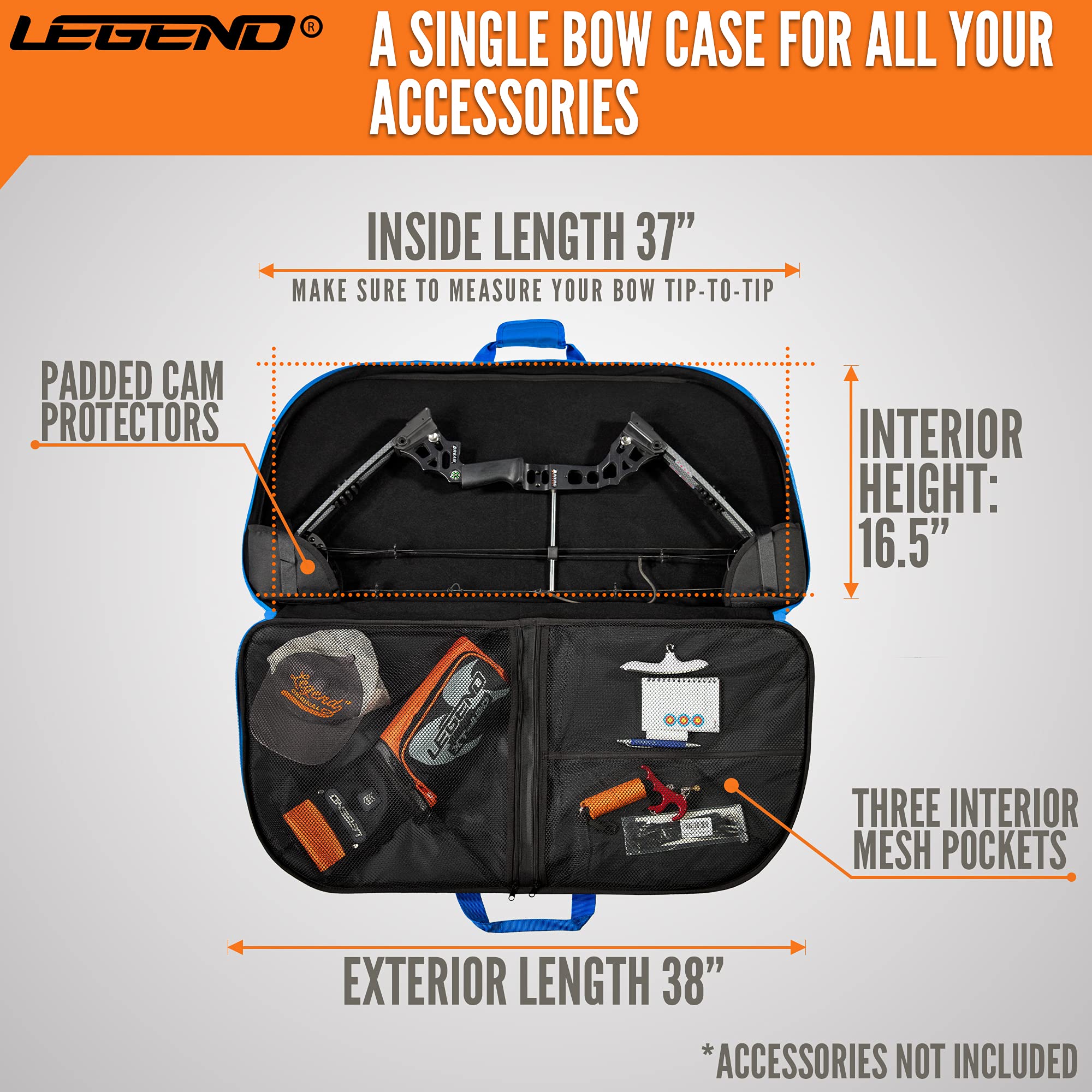 Legend Alpha Compound Bow Case - Fits MTM Ultra Compact Arrow Cases - Archery Bow Bag with Back & Shoulder Straps - With Cam Protectors, Soft Padding, & Extra Pockets 37"x16.5" Interior - Black