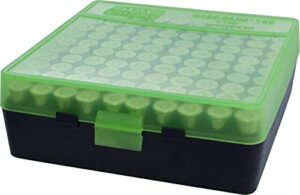 mtm plastic ammo box, clear green/black 100 round 9mm / 380 (3)