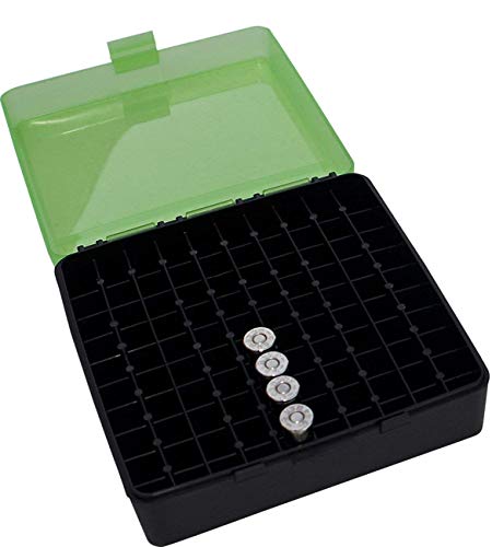 MTM Plastic Ammo Box, Clear Green/Black 100 Round 9MM / 380 (3)