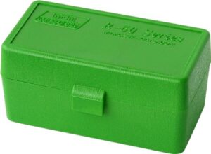 mtm 50 round flip-top rifle ammo box 22 hornet, .30 carbine, .218 bee (green)