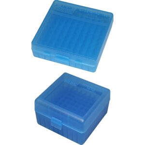 mtm p-100-9-24 ammo box 100 round flip-top 9mm 380 acp, clear blue & mtm 100 round rifle ammo box 17, 204, 223, 5.56x45, 6x47, clear blue