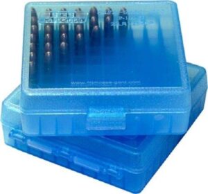 mtm plastic ammo box, blue 100 round 22 long rifle / .25 acp (2)