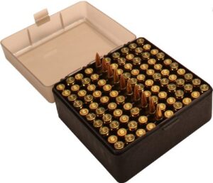 mtm 100 round flip-top rifle ammo box .17.222, 223, 6x47.222 mag (clear smoke/black)