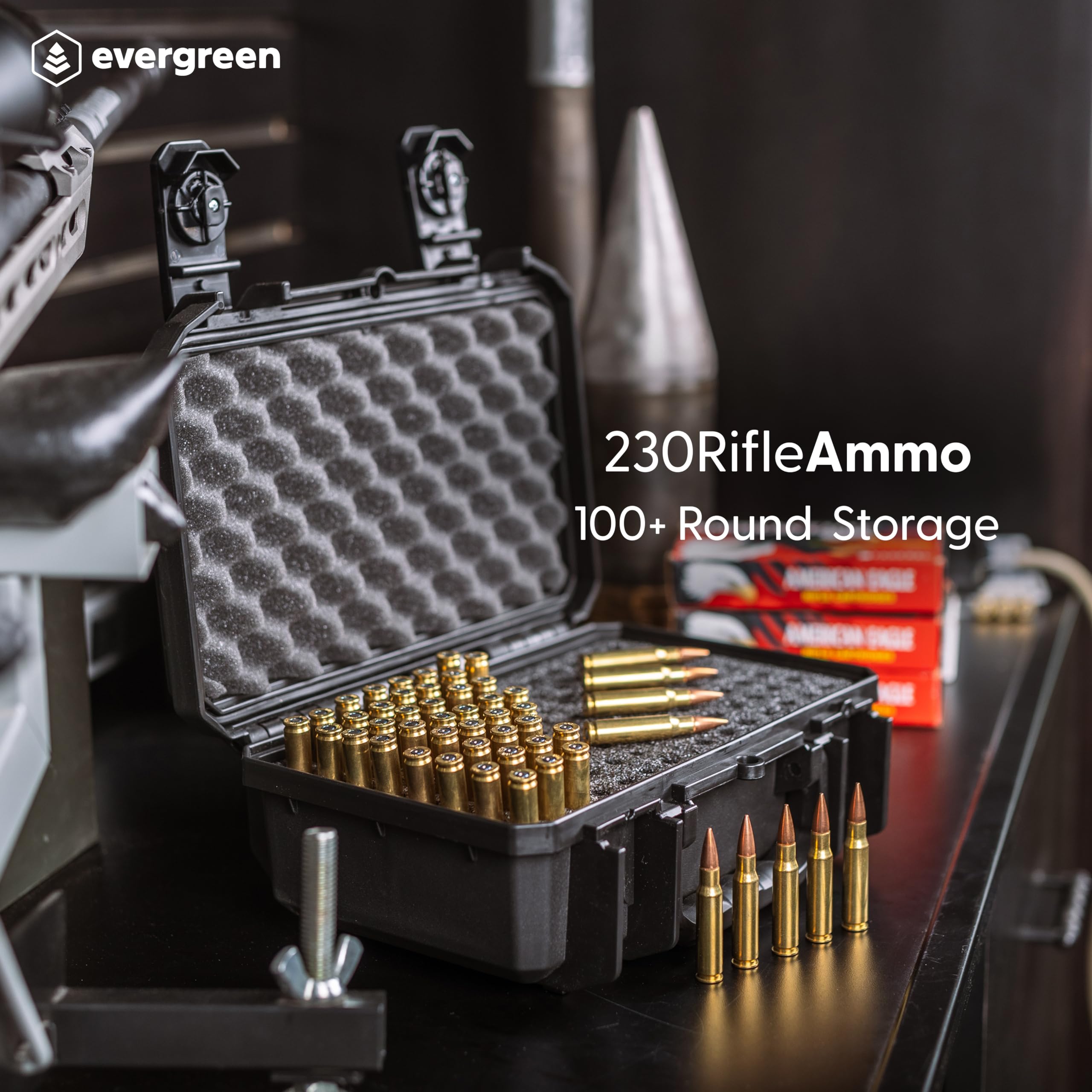 Evergreen 112 Round Rifle Ammo/Bullet Locking Storage Case - Travel Safe/Mil Spec/Waterproof/USA Made - for 300 308 .300 .243 Winchester, 223 .22-250 .25-06 Remington, H&H