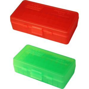 mtm 40/45/10mm cal 50 round flip-top ammo box, red & mtm 380/9mm cal 50 round flip-top ammo box, clear green