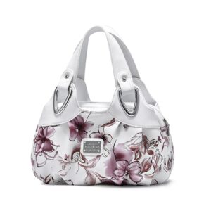 nicole & doris ladies fashion handbags elegant top-handle bags for women floral shoulder bags pu leather travel handbag tote white handle/pink flower