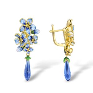 Santuzza 925 Sterling Silver Orchid Dangle Earrings Blue Glass Handmade Enamel Flower Drop Earrings for Women