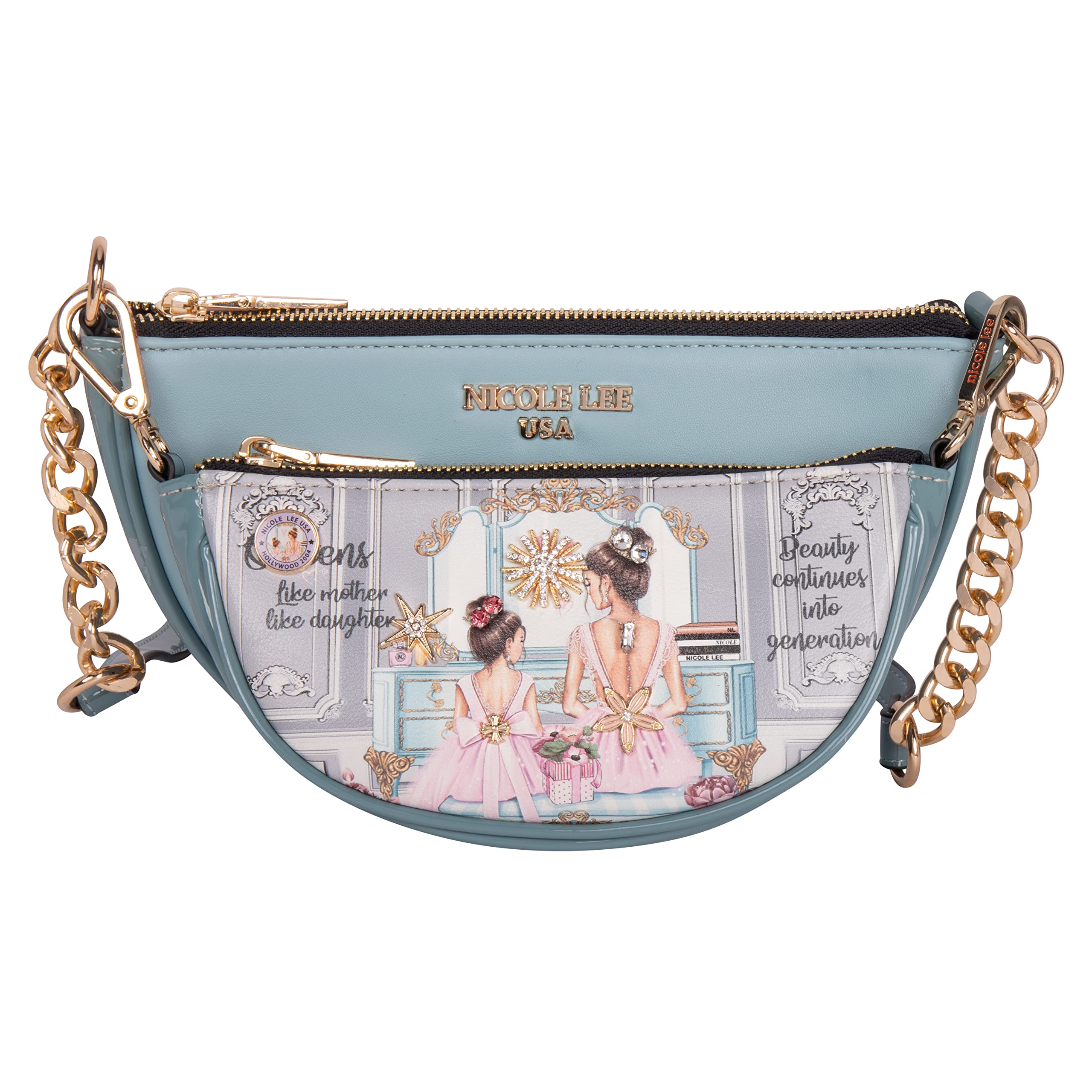 Nicole Lee Crossbody Women's Bag - Fashion Print Faux Leather 2 Piece Bag Shoulder Chain Strap Small Purse Set (Double Queens)