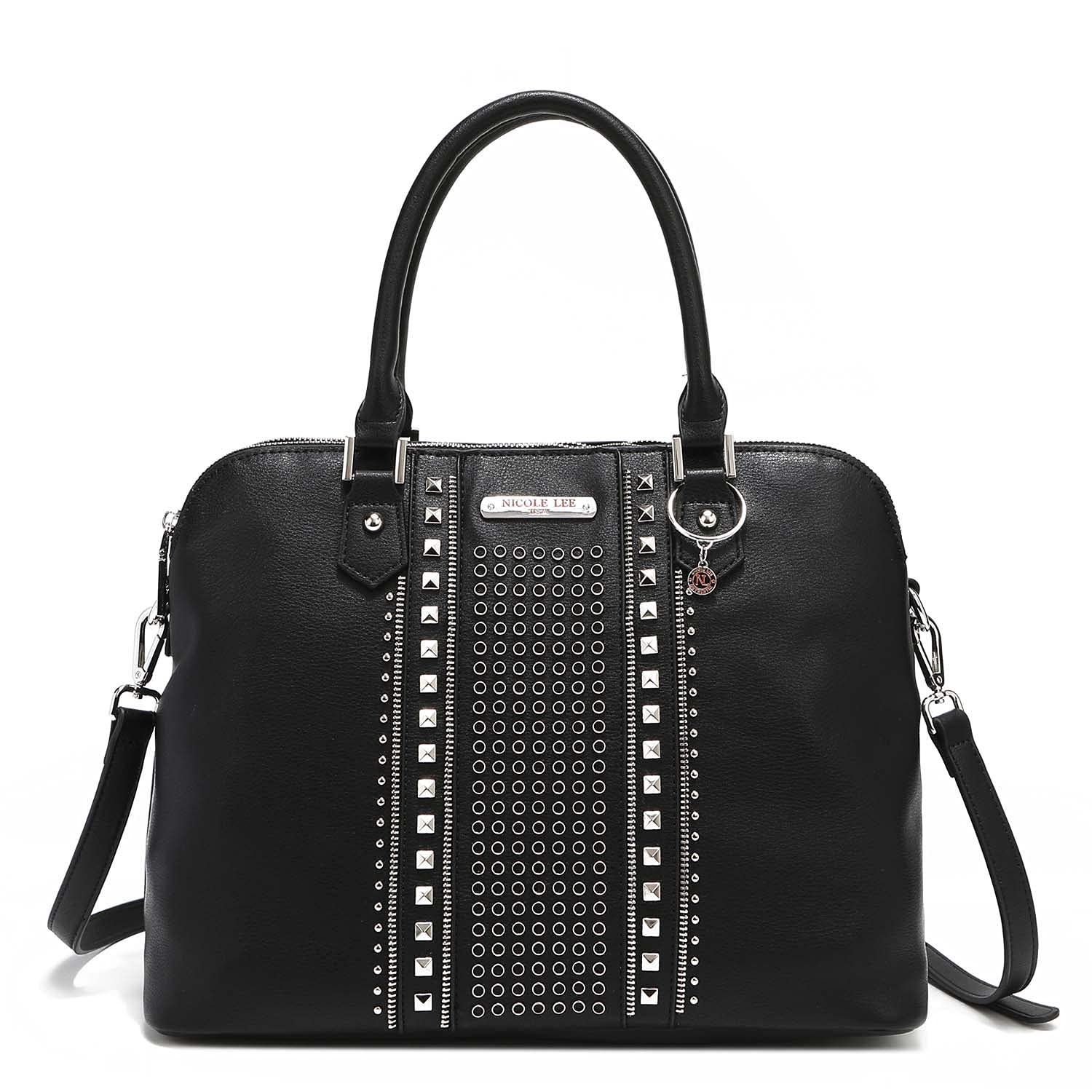 Nicole Lee Studded Vegan Leather Satchel Handbag with Optional Crossbody Strap, Black