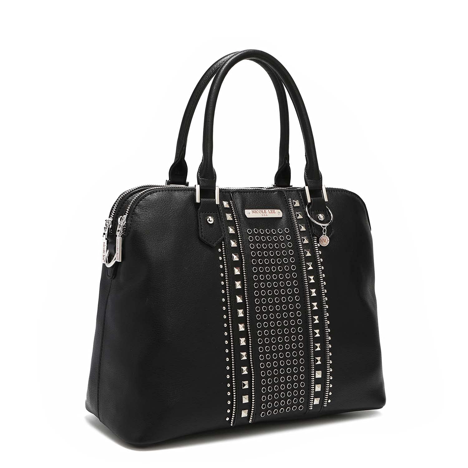 Nicole Lee Studded Vegan Leather Satchel Handbag with Optional Crossbody Strap, Black