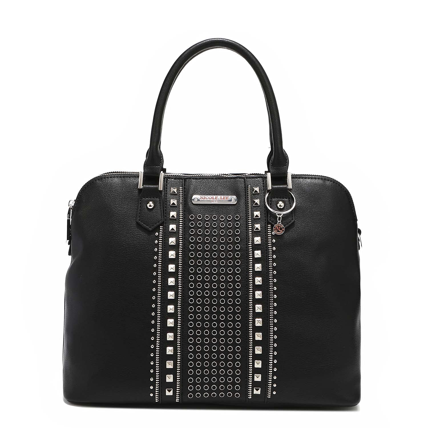 Nicole Lee Studded Vegan Leather Satchel Handbag with Optional Crossbody Strap, Black