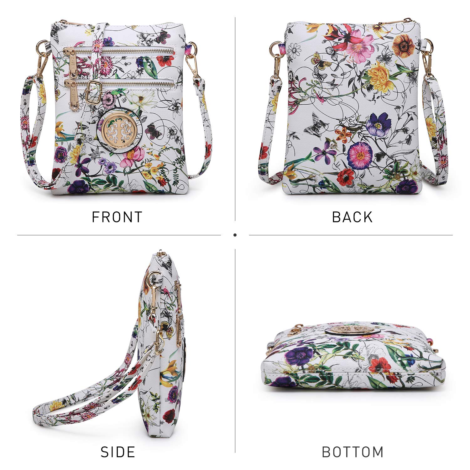 Dasein Women Small Crossbody Bag Lightweight Shoulder Purses Multi Zipper Pockets Phone Purse Handbag (white flower)