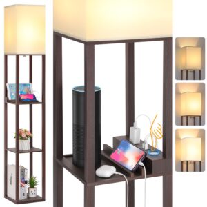 folksmate touch control shelf led floor lamp with shelves, charging usb, type c port and power outlet, dimmable standing lamp for living room, bedroom