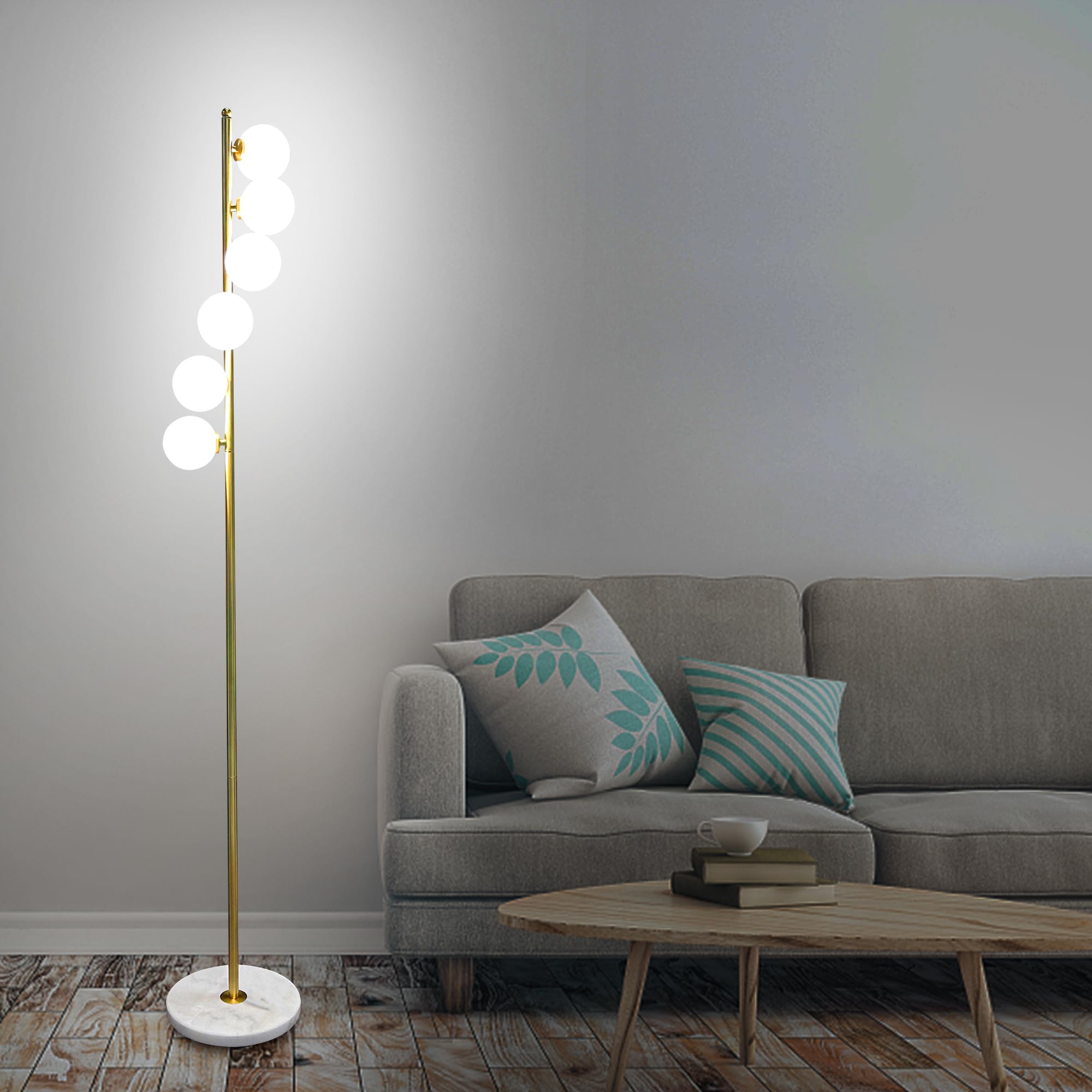 VENIVIDI 6 Spherical Floor Lamps, Using Medieval Modern Floor Lamps, Including Frosted Glass lampshades and Modern Gold Floor Lamps with Light Bulbs, Living Room, Bedroom, and Office Decorations