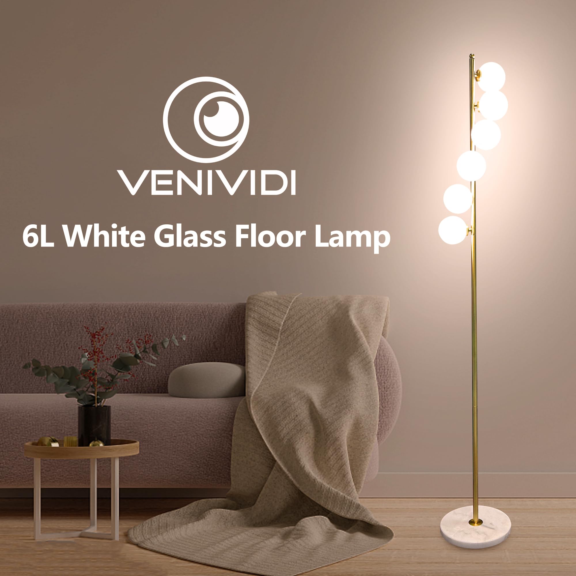 VENIVIDI 6 Spherical Floor Lamps, Using Medieval Modern Floor Lamps, Including Frosted Glass lampshades and Modern Gold Floor Lamps with Light Bulbs, Living Room, Bedroom, and Office Decorations