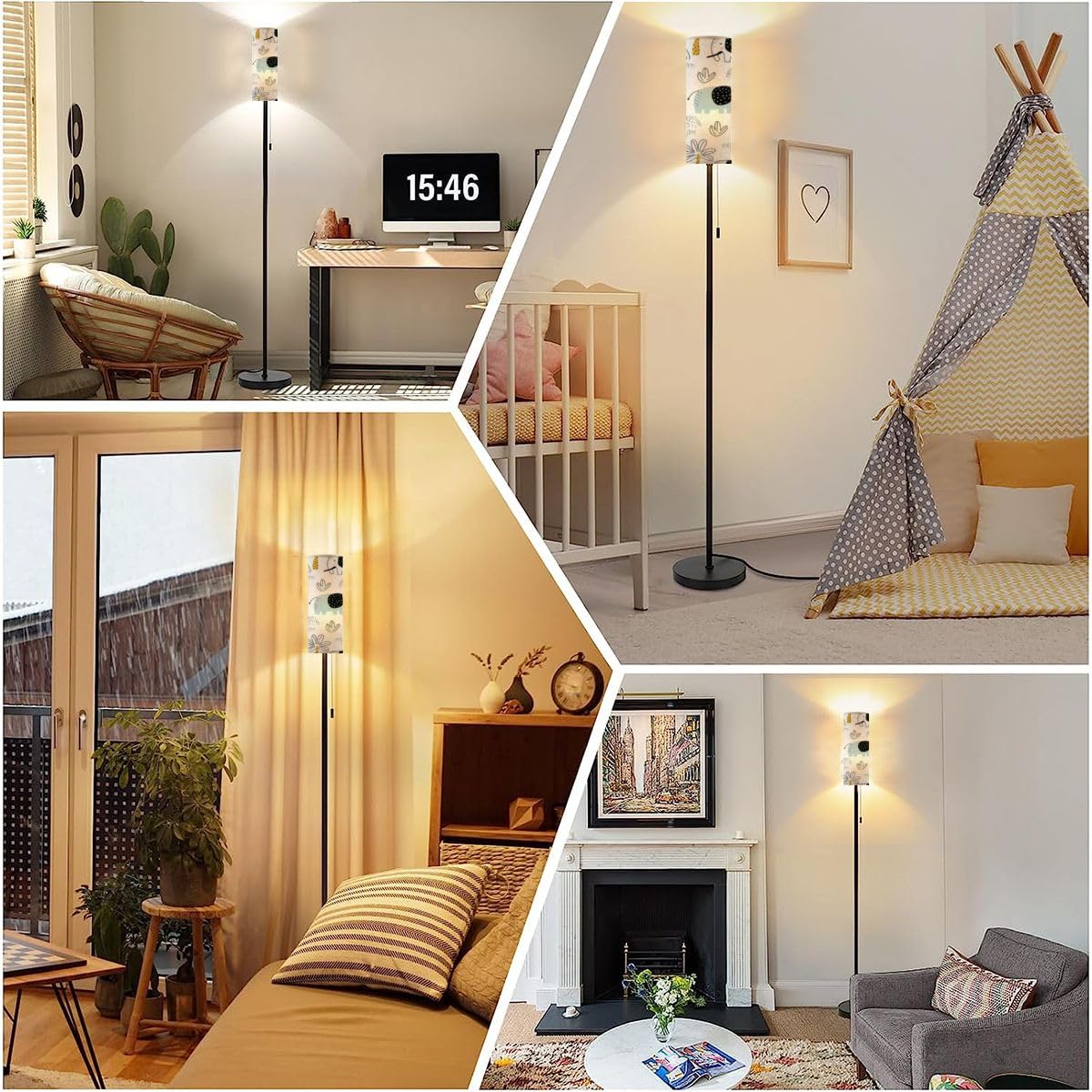 Modern Standing Lamps pattern lion elephant palm trees white for packaging Minimalist Floor Lamp Metal Pole Lamp with Linen Lampshade for Bedroom Living Room Office Nursery Reading Foot Switch