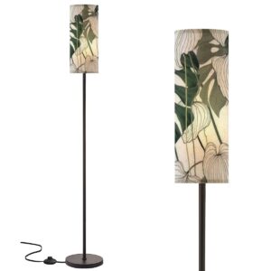 rzntjhuina modern standing lamps floral green black white leaf philodendron plant minimalist floor lamp metal pole lamp with linen lampshade for bedroom living room office nursery reading foot switch