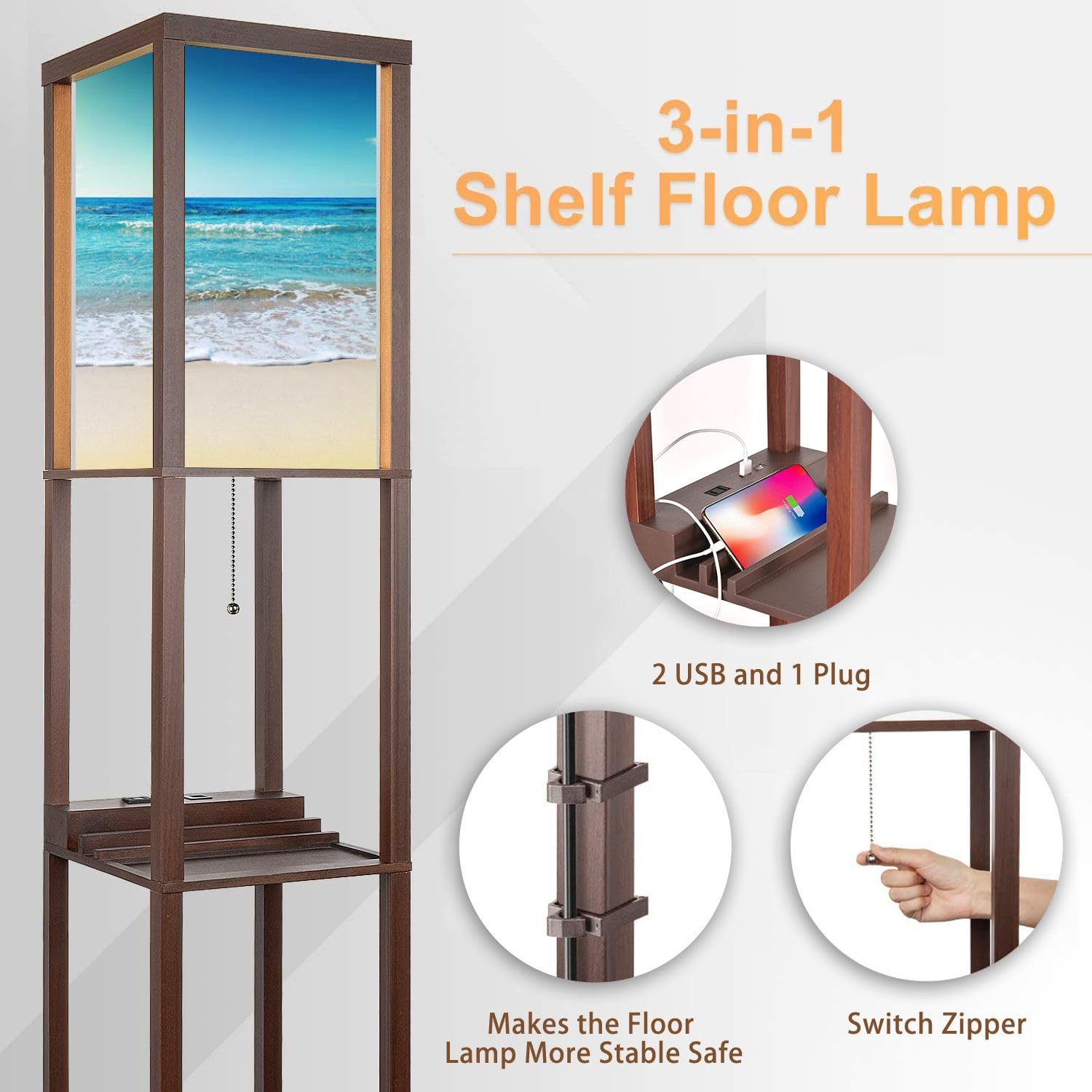 BVCAHSAW Floor Lamp with Shelves Beach scene showing sand sea sky Modern Standing Tall Lamp USB Ports & Power Outlet Corner Lamp Nightstand Light for Living Room Bedroom