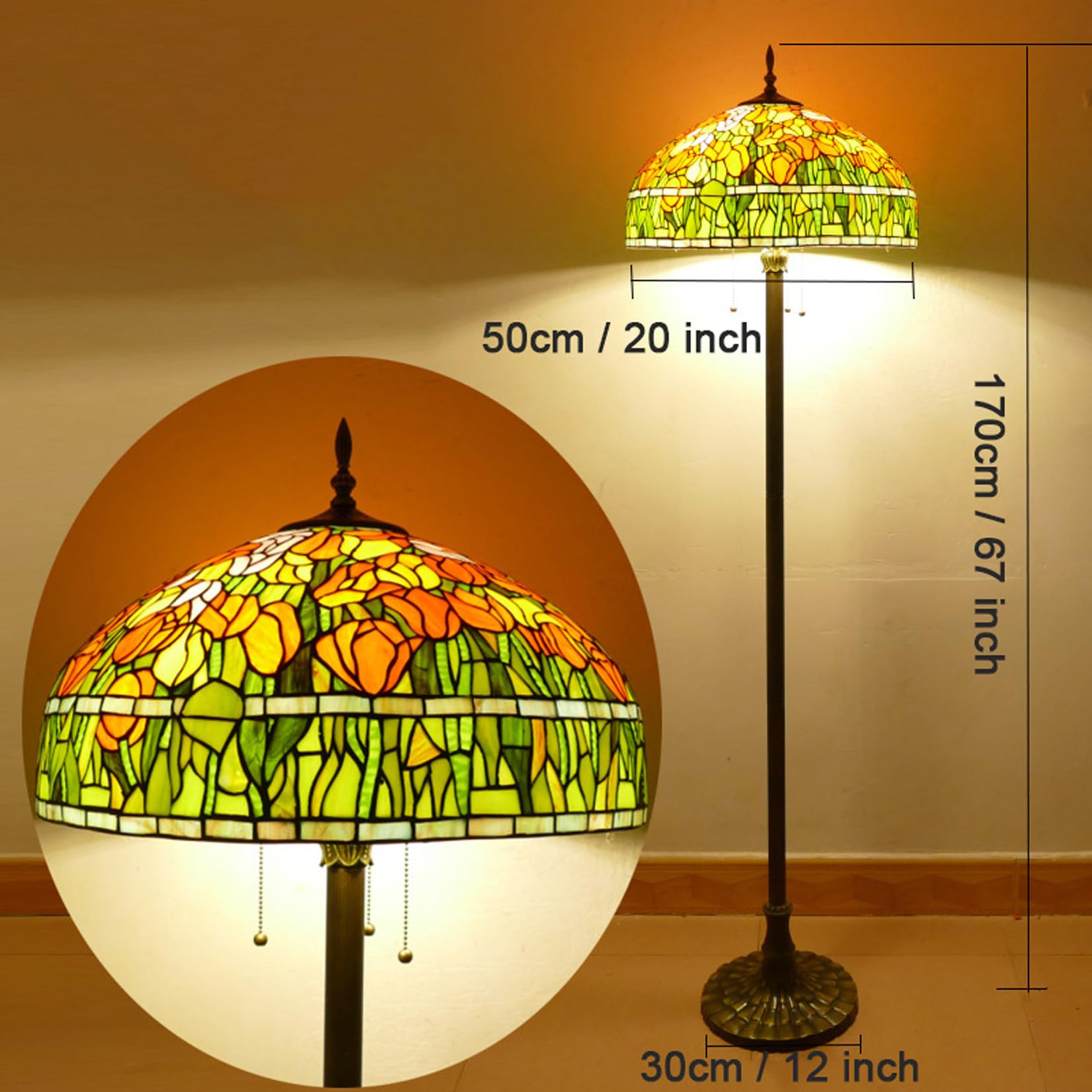 errzom 20-Inch Tiffany Style Floral Floor Lamp Stained Glass Standing Lamp Tulip & Rose Corner Standing Reading Lamp for Living Room Bedroom Cafe Bar, 67 Inch Tall,Tulip