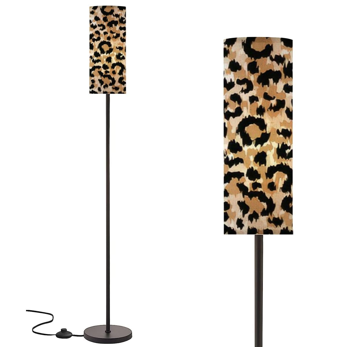 RZNTJHUINA Modern Standing Lamps Faux Leopard Skin Pattern Black Brown Spots Hand Painted Minimalist Floor Lamp Metal Pole Lamp with Linen Lampshade for Bedroom Living Room Office Nursery Reading