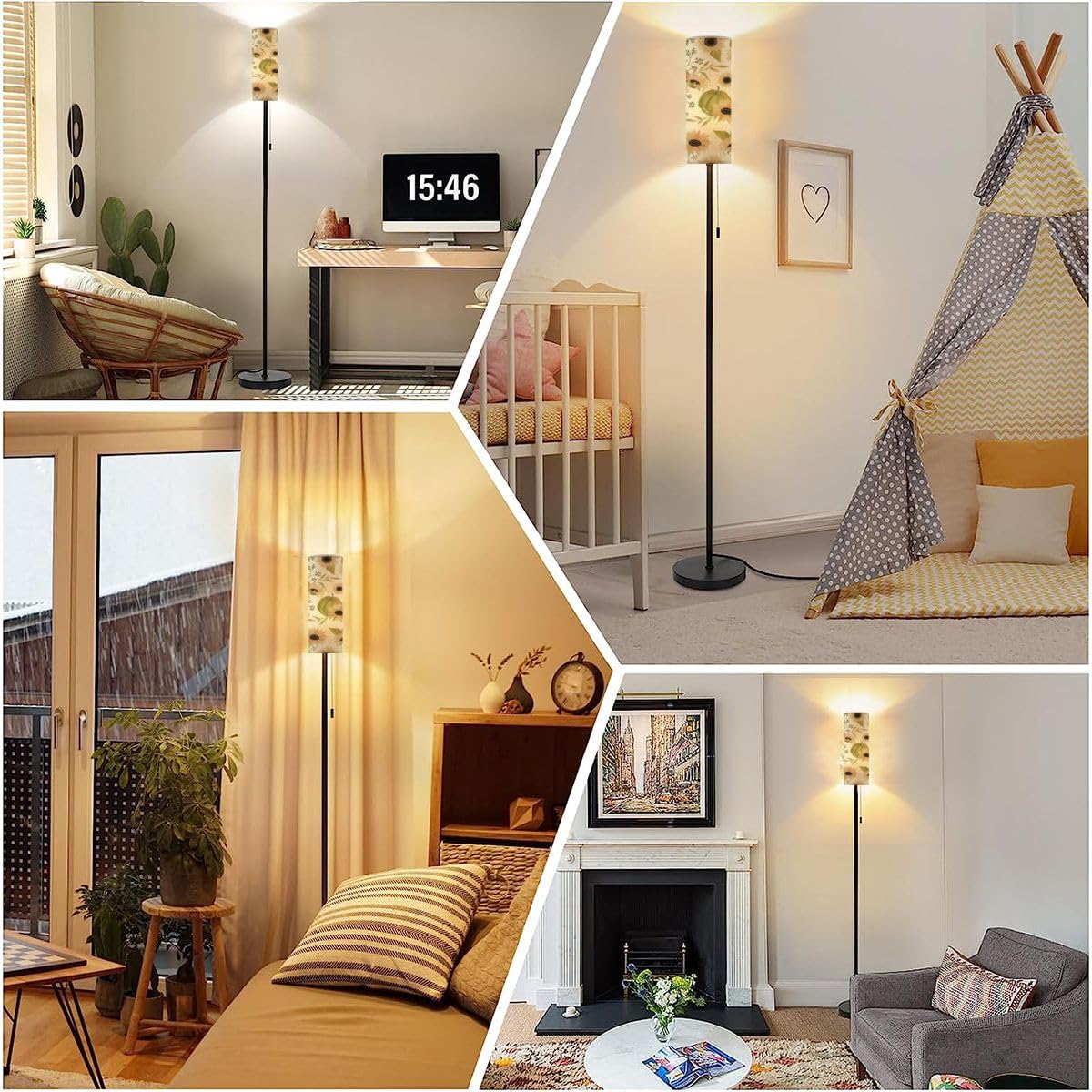 Modern Standing Lamps Fall autumn flower sunflower leaves hare Autumn Minimalist Floor Lamp Rustic Country Metal Pole Lamp with Linen Lampshade for Bedroom Living Room Office Nursery Reading